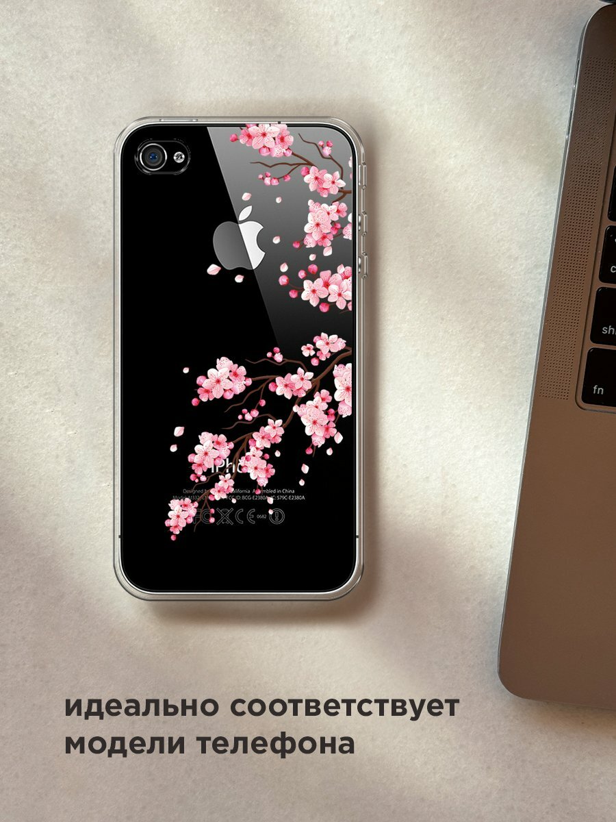 Чехол на Apple iPhone 4/4S / Айфон 4/4S с принтом "Цветущая ветка сакуры рисунок", прозрачный — фото 1