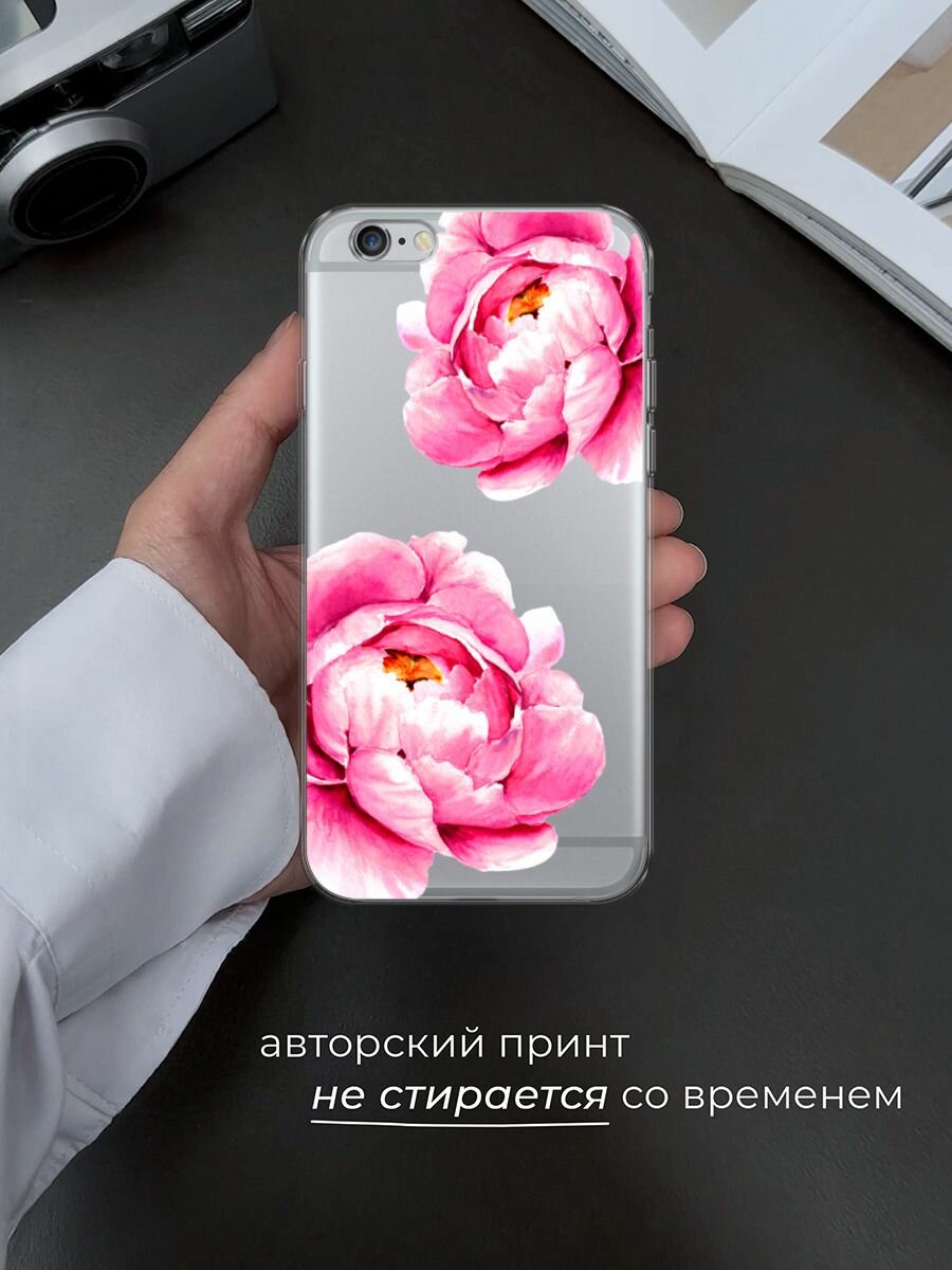 Чехол на Apple iPhone 6 / Айфон 6 с принтом "Open peonies", прозрачный — фото 1