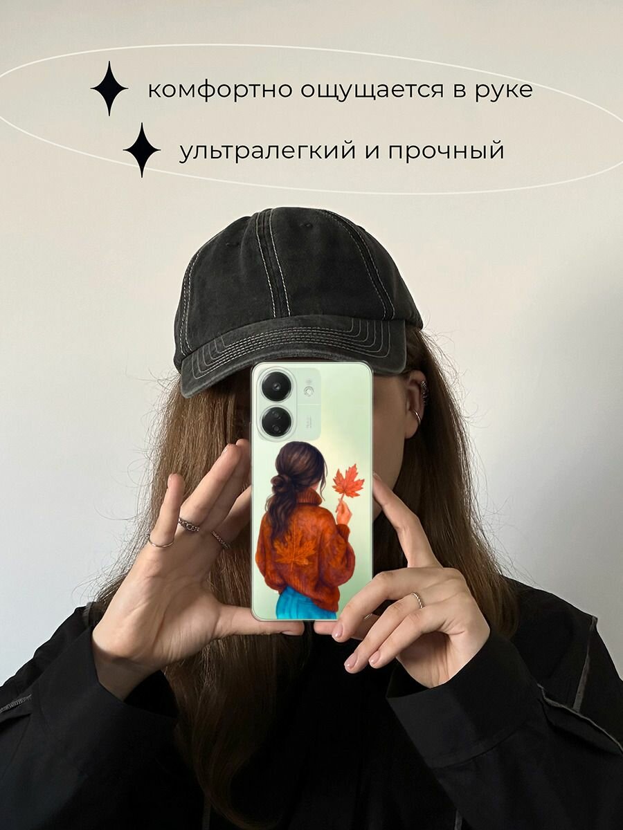 Чехол на Xiaomi Redmi 13C/Poco C65 / Сяоми Редми 13C/Поко С65 с принтом "Девушка с опавшим листом", прозрачный — фото 1