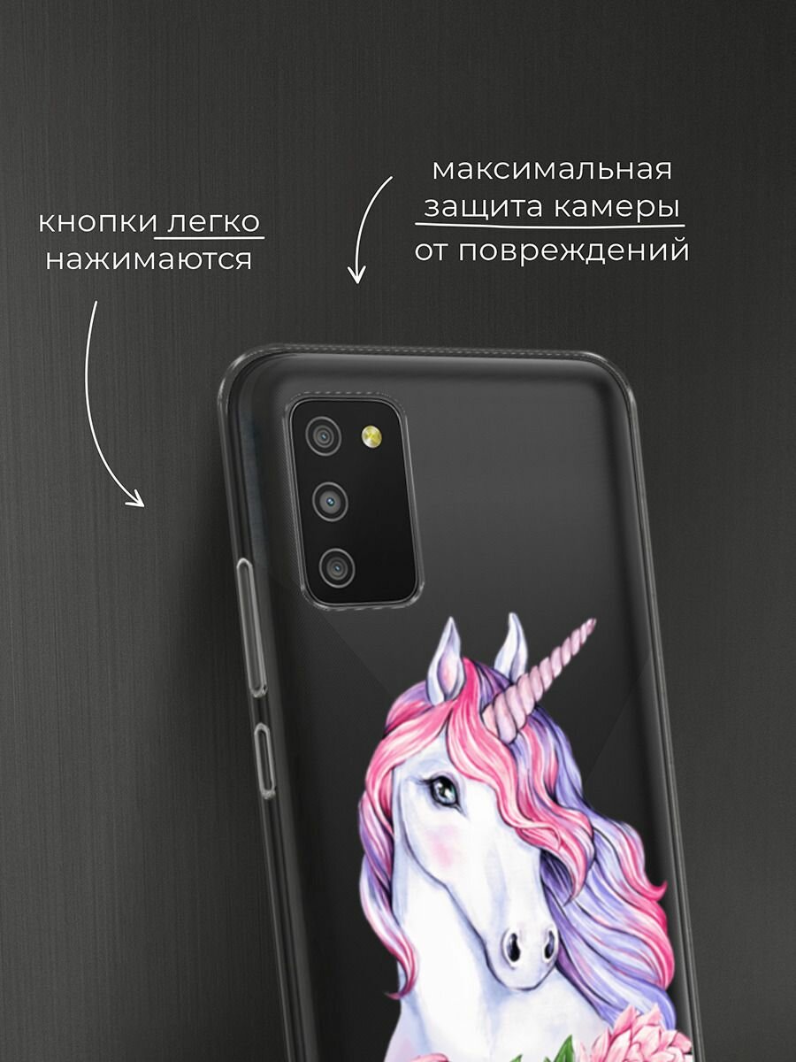 Чехол на Samsung Galaxy A02s / Самсунг Галакси A02s с принтом "Единорог с пионами", прозрачный — фото 1
