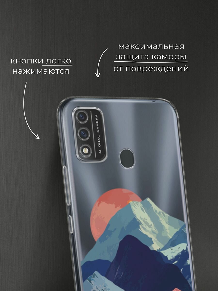 Чехол на Itel A48 / Ител А48 с принтом "Закат в снежных горах", прозрачный — фото 1