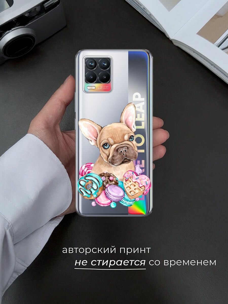 Чехол на Realme 8/8 Pro / Реалми 8/8 Про с принтом "Бульдог и сладости", прозрачный — фото 1