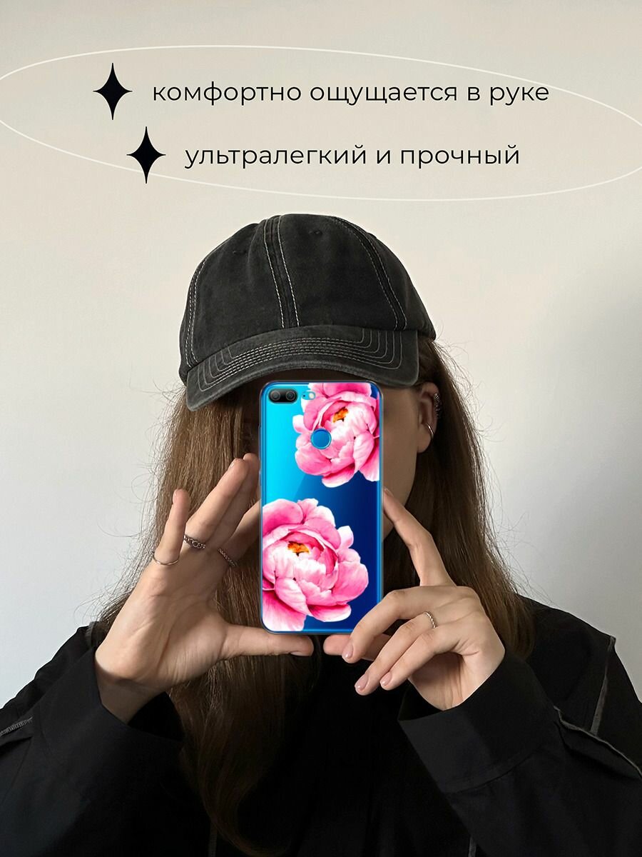 Чехол на Honor 9 Lite / Хонор 9 Лайт с принтом "Open peonies", прозрачный — фото 1