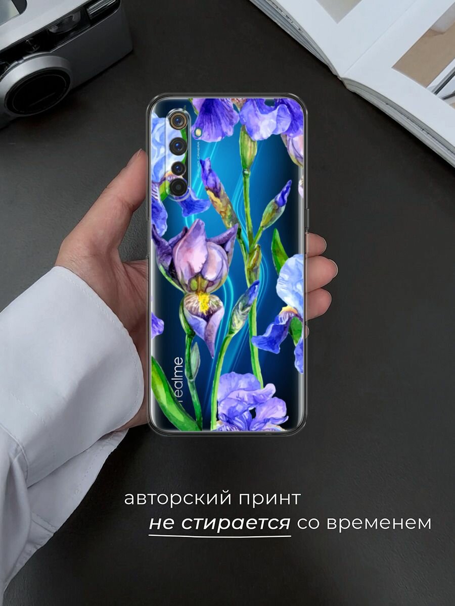 Чехол на Realme 6 Pro / Реалми 6 Про с принтом "Синие ирисы", прозрачный — фото 1
