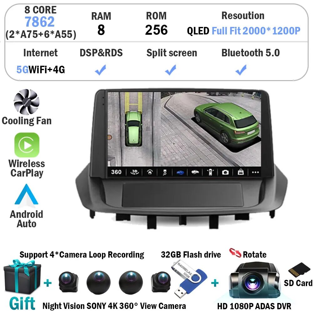 Android 15 для Renault Fluence 1 2009-2017 Мультимедийный монитор Carplay Авто 2k 8G 256G 360 D CAM