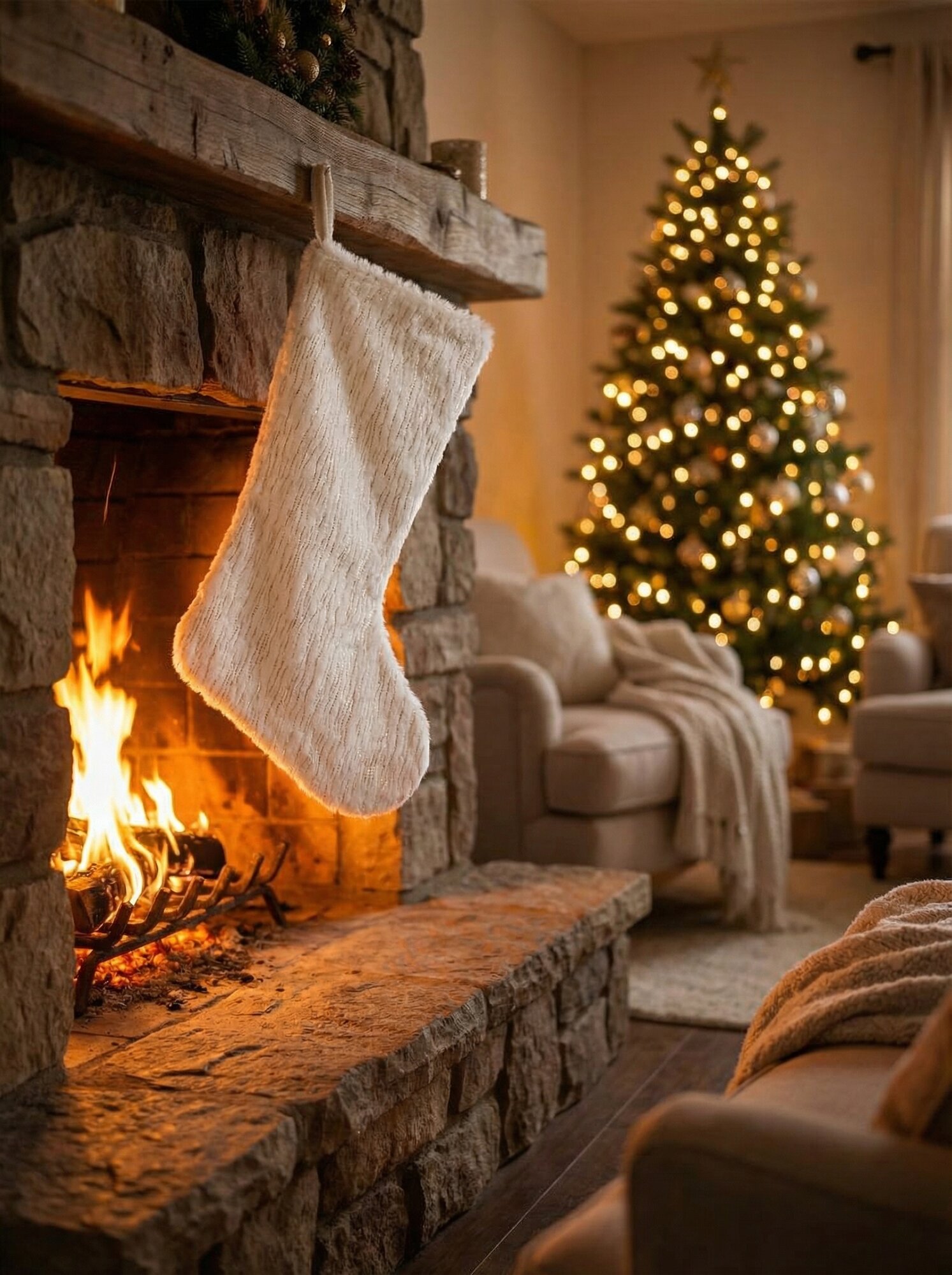 Новогодний декоративный мешок-носок, бело-золотая полоска, размер: 40*30 см