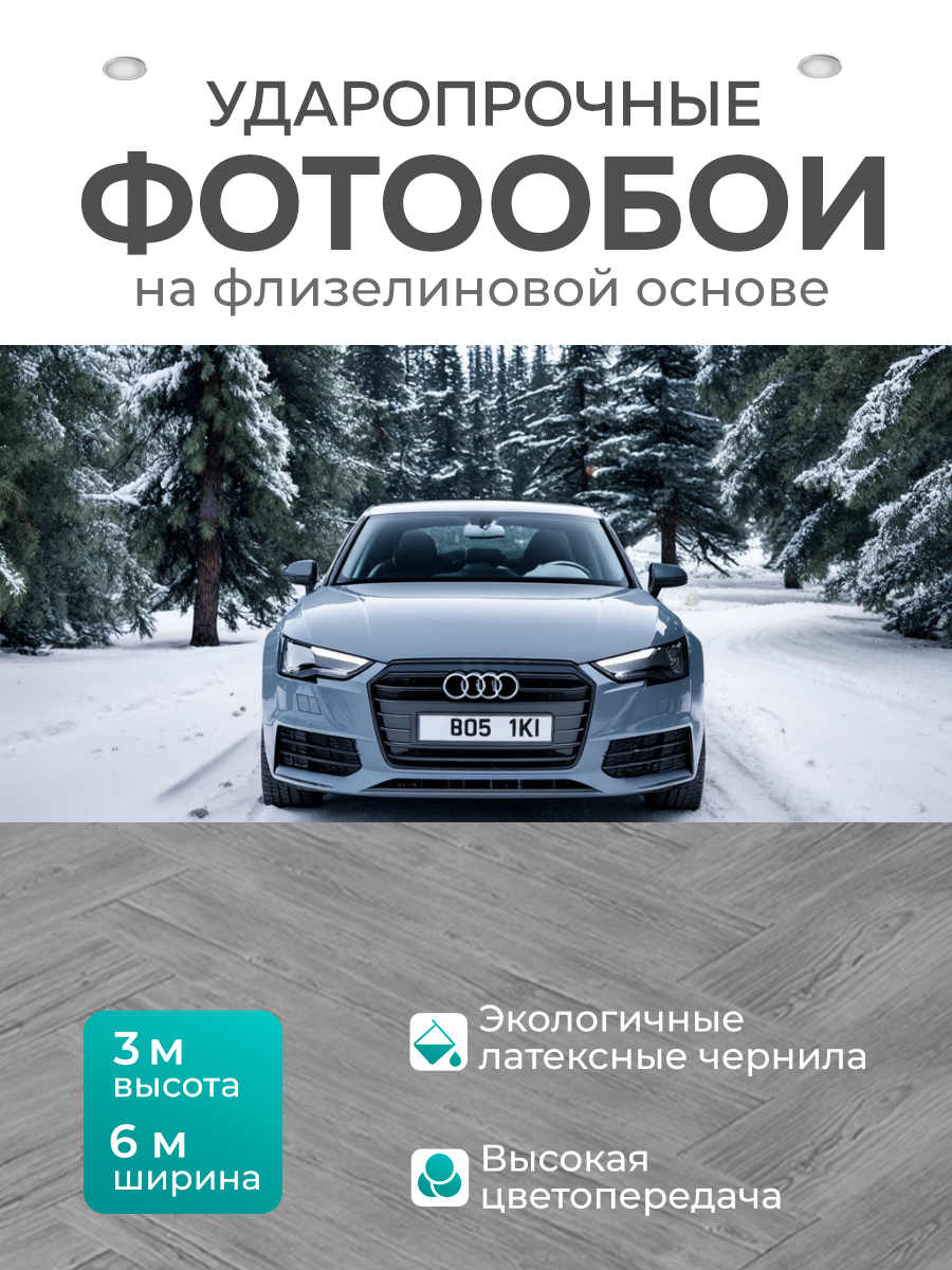 Фотообои моющиеся ударопрочные "Ауди на зимнем фоне, снег покрывает землю, сосны у дороги, могучий серый морозный пейзаж" 600x300 см. флизелиновые на стену