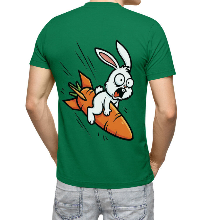 Мужская футболка «Panicked Cartoon Rabbit on Falling Carrot Rocket» (зеленый, 2XL)