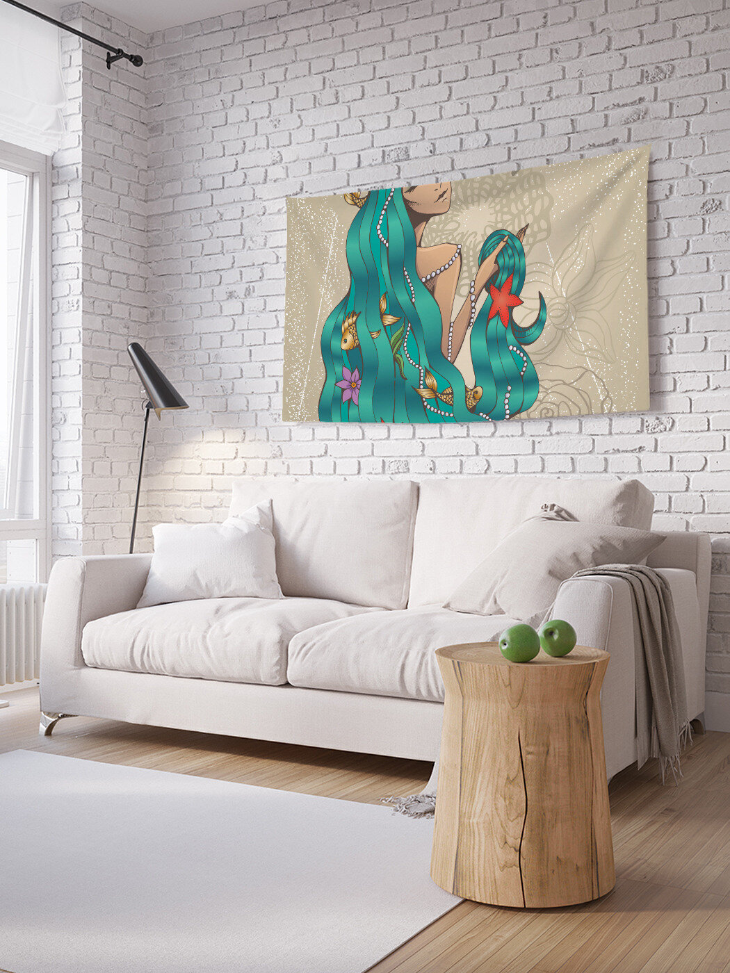 Горизонтальное фотопанно на стену "Девушка Водолей с рыбами", 150x200 см