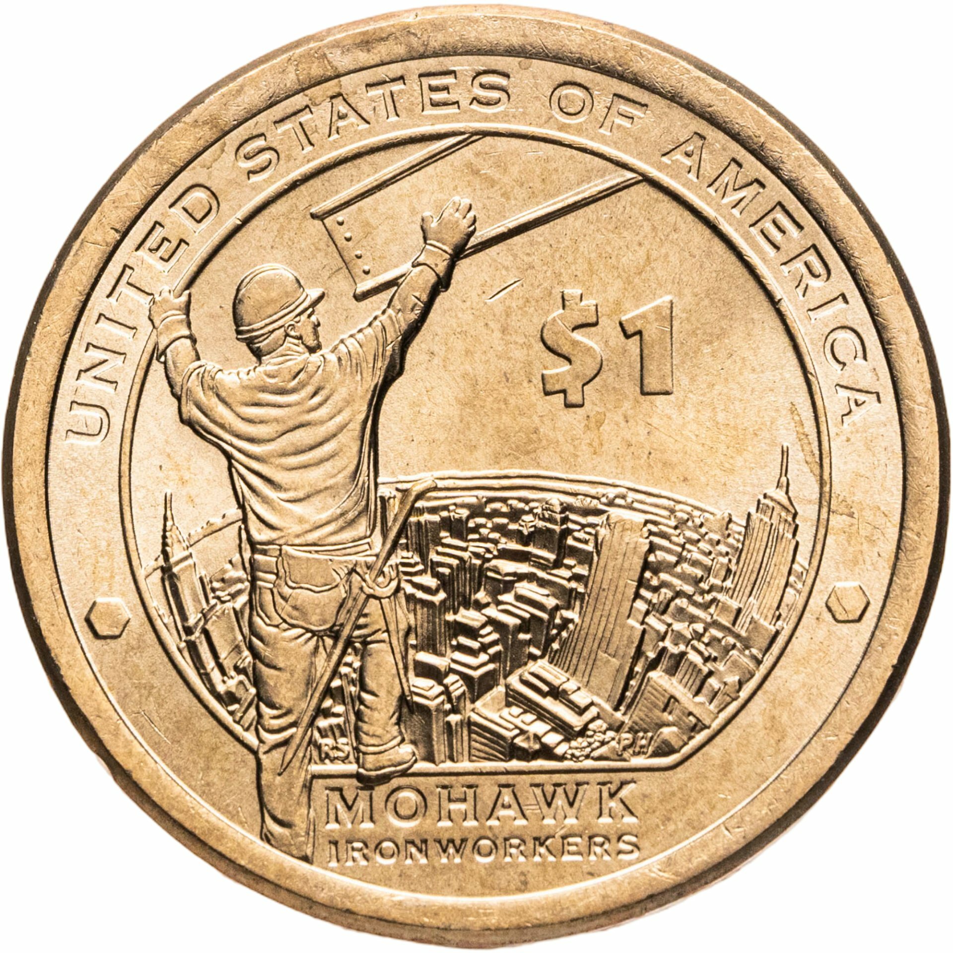 США 1 доллар dollar 2015 "Коренные Американцы - Рабочие Мохоки", знак монетного двора: "Р" - Филадельфия, Медь, в сохранности AU-UNC