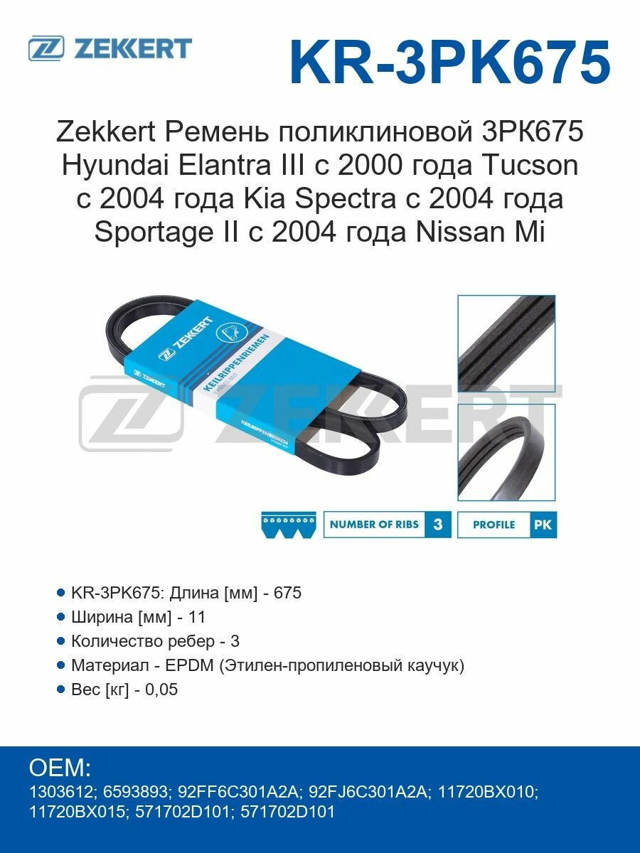 Zekkert Ремень поликлиновой 3РК675 Hyundai Elantra III с 2000 года Tucson с 2004 года Kia Spectra с 2004 года Sportage II с 2004 года Nissan Mi