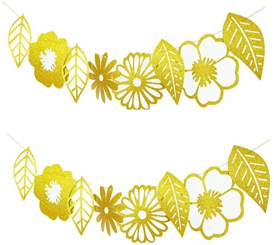 Набор ДВА комплекта декоративных украшений Цветы и листья бумажные с блестками, цвет золото