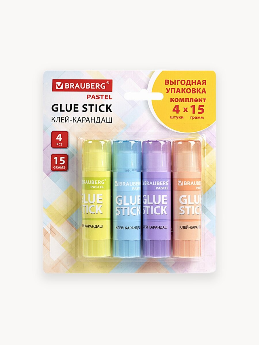 Клей-карандаш канцелярский для бумаги и картона 15 г Brauberg Pastel, 4 штуки, Pvp основа, 271250