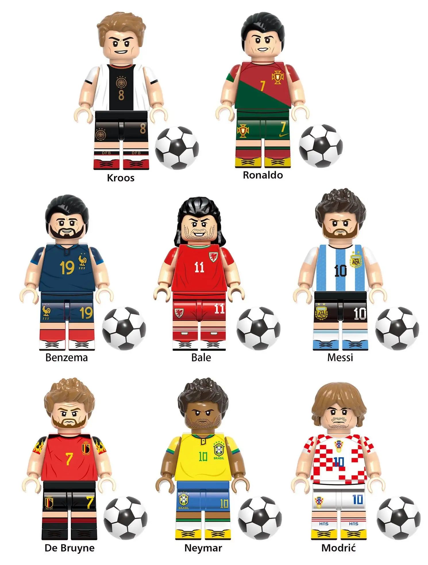 Набор минифигурок Футбол фифа / FIFA Роналду, Месси, Бэйл, Бензема совместимы с конструкторами лего 8шт (4.5см, пакет) G0103