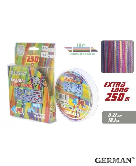 Плетеный шнур Spider Multicolor x4" 250 м / диаметр 0.22 мм /18.1кг
