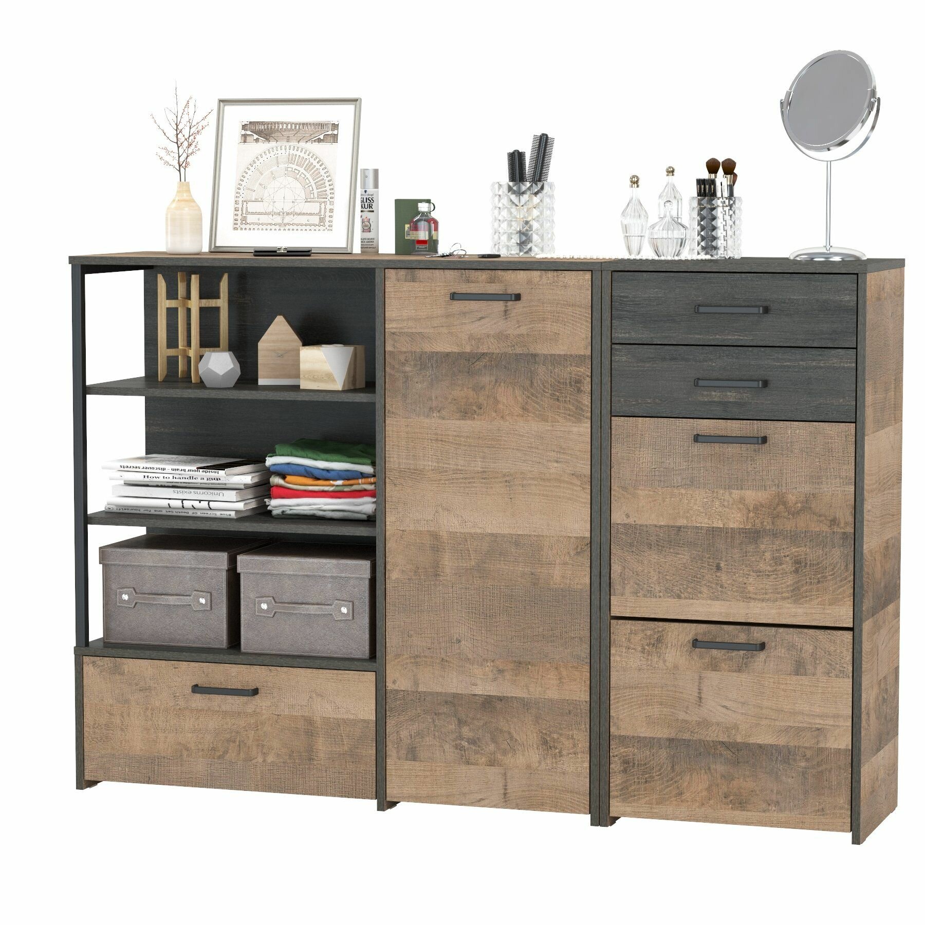 Тумба для обуви Трувор 13.241.06 с комодом с тремя нишами, цвет дуб гранж песочный/интра, ШхГхВ 159х37х106,9 см.