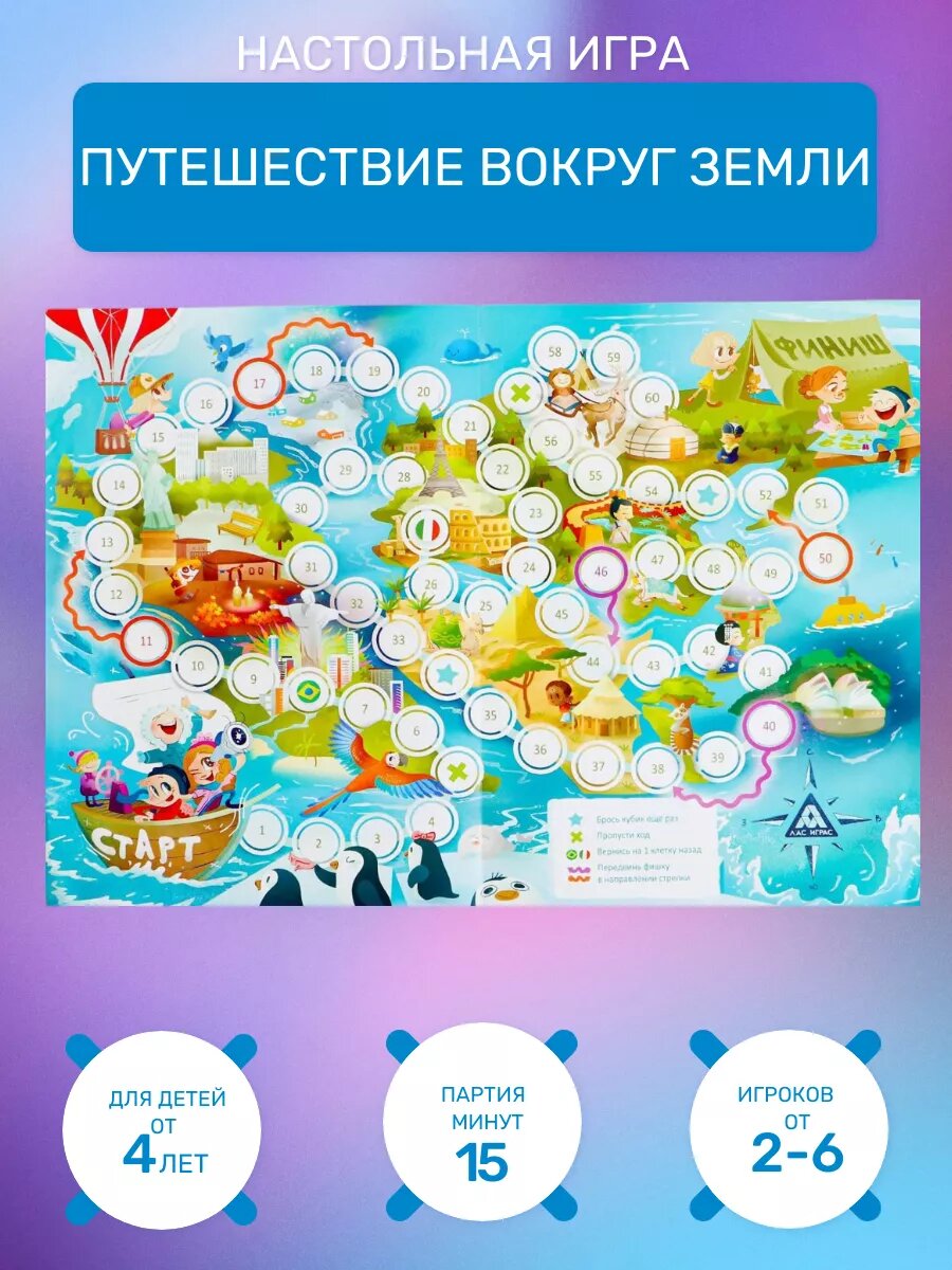 Детская развивающая настольная игра-бродилка "Путешествие вокруг земли"
