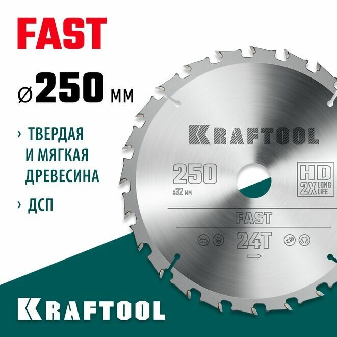 Диск пильный по дереву, KRAFTOOL Fast 250 х 32 мм 24Т