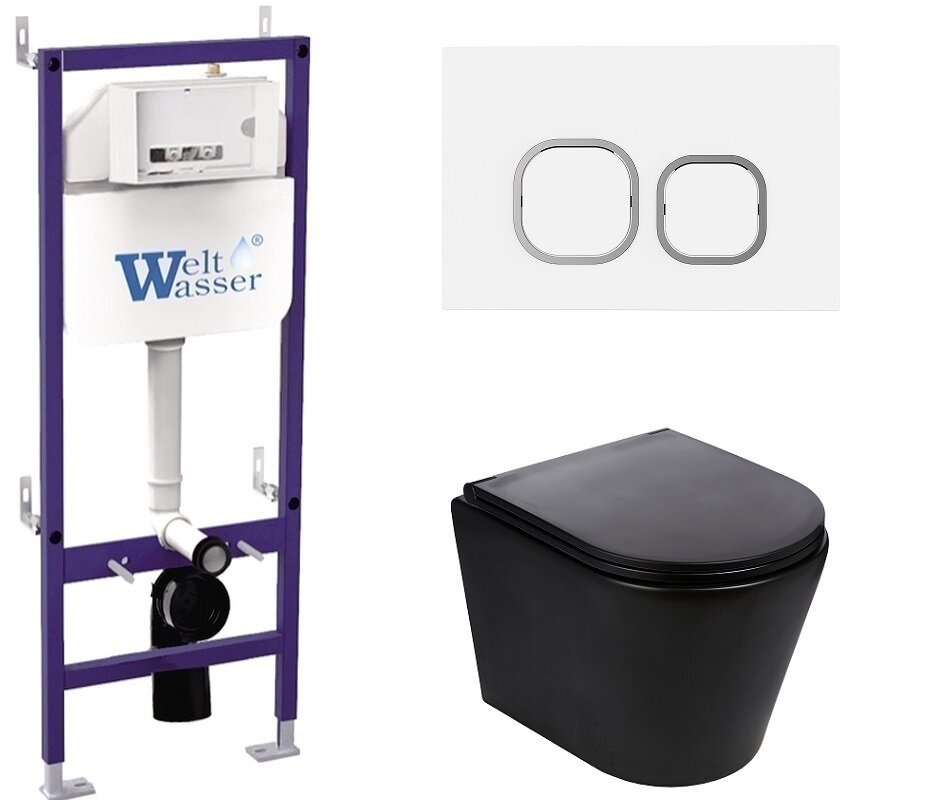 Унитаз подвесной WeltWasser BAMBERG 460+SALZBACH 043 MT-BL+BAMBERG WT черный матовый, безободковый, с крышкой микролифт, слив торнадо, с инсталляцией и белой кнопкой