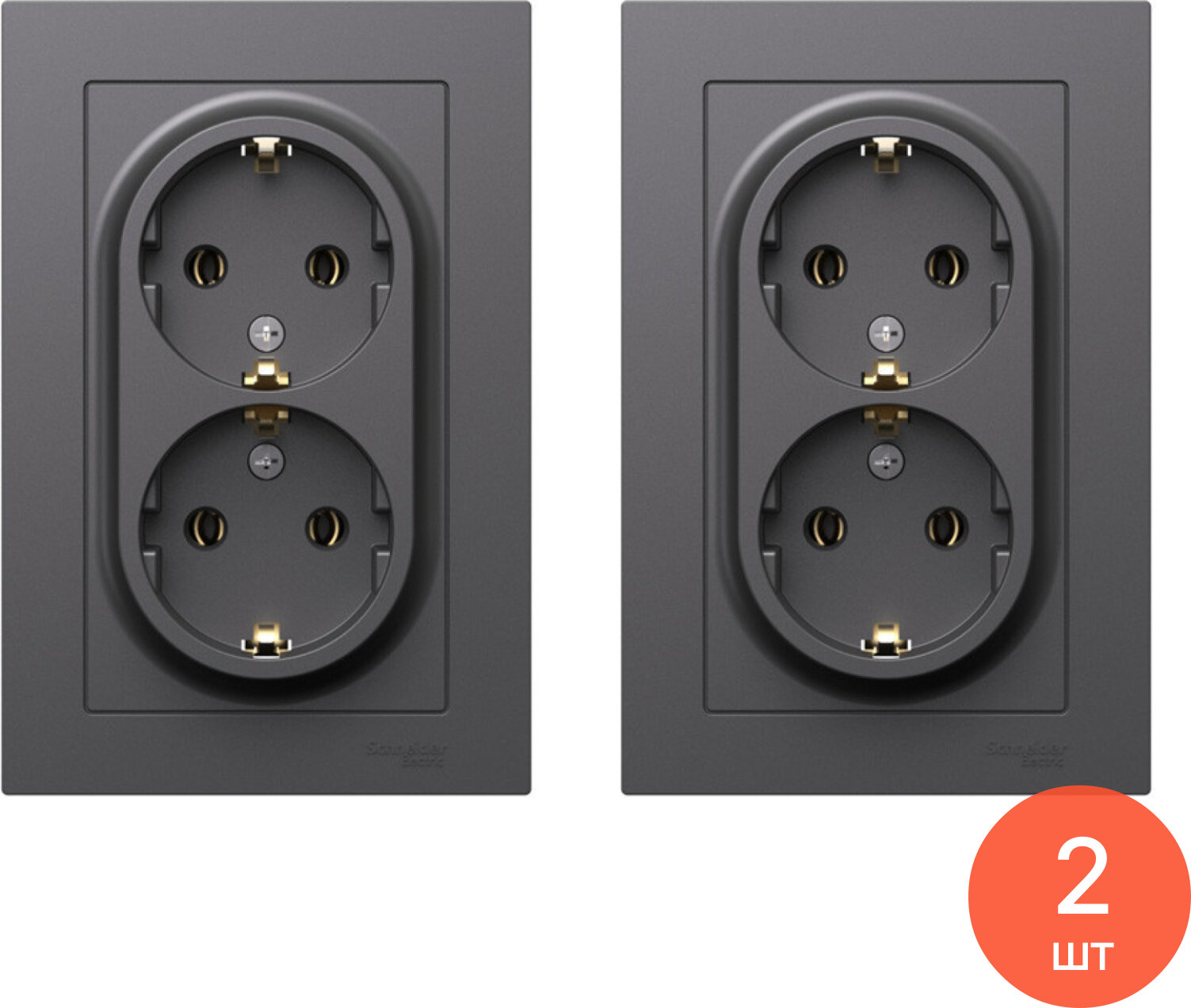 Розетка силовая штепсельная Systeme Electric / Систем Электрик AtlasDesign в сборе двухместная, 16А 250В IP20 базальт с заземлением, ATN001424 / электрооборудование (комплект из 2 шт)