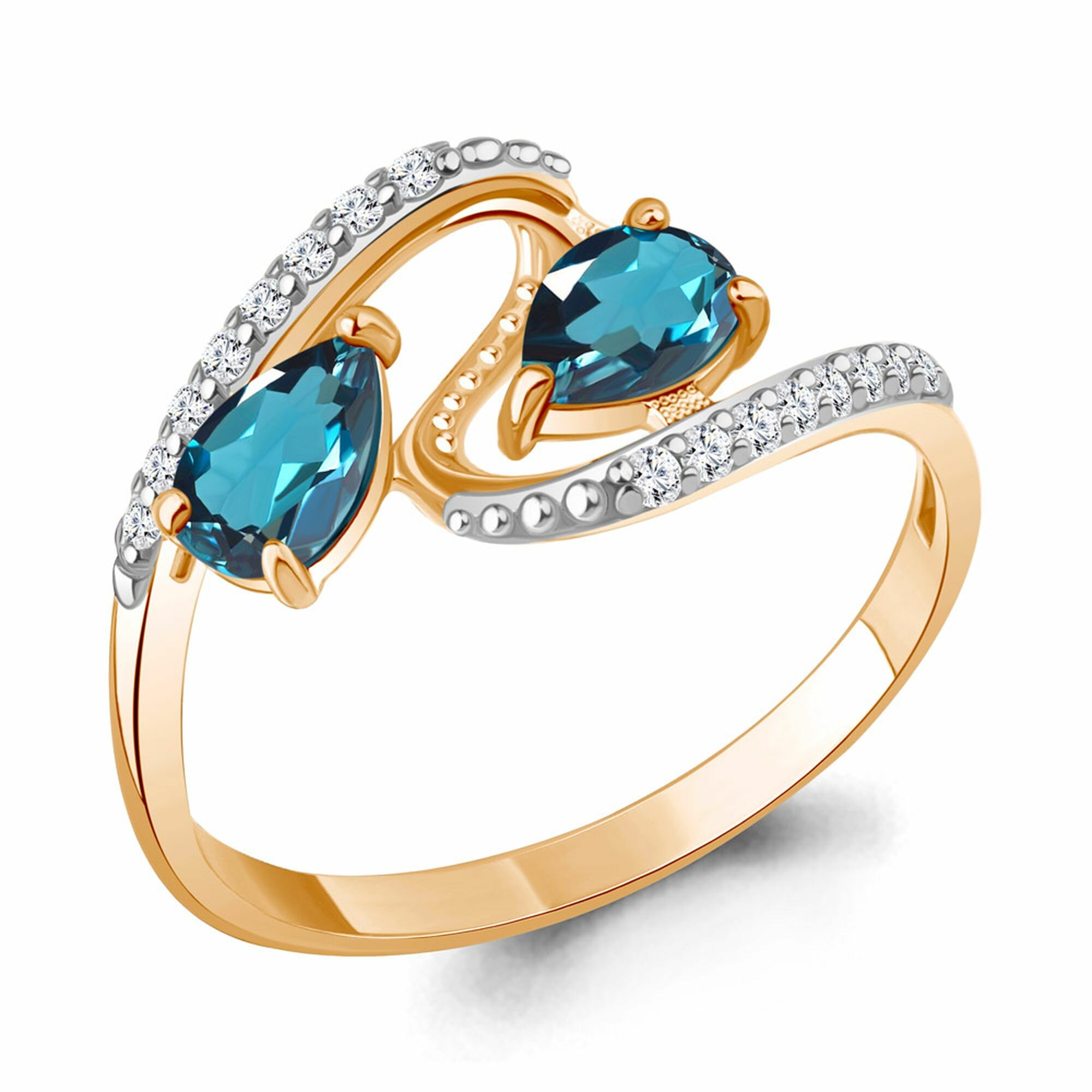 Кольцо, серебро, 925 проба, золочение, Лондон топаз, фианит