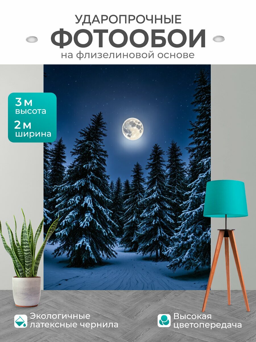 Фотообои моющиеся ударопрочные "Зимний лес под луной" 200x300 см. флизелиновые на стену