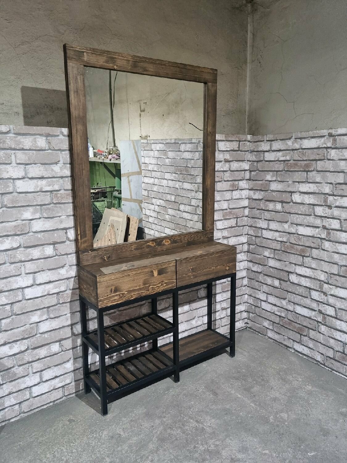 Гримёрный стол "EasyLOFT" в стиле лофт, с большим зеркалом, массив дуба, 120х30х240 см.