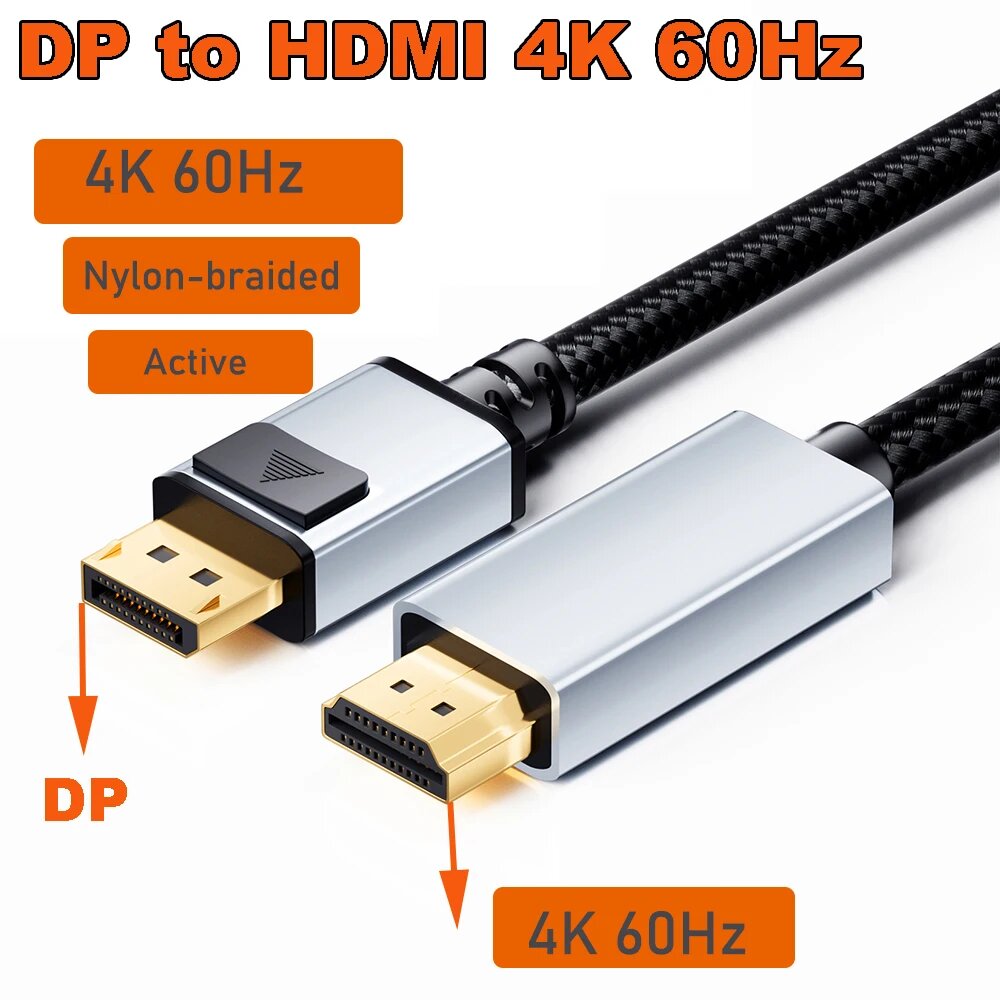 Переходник DP в HDMI 4K 60Hz, 1.8M, нейлоновая оплетка