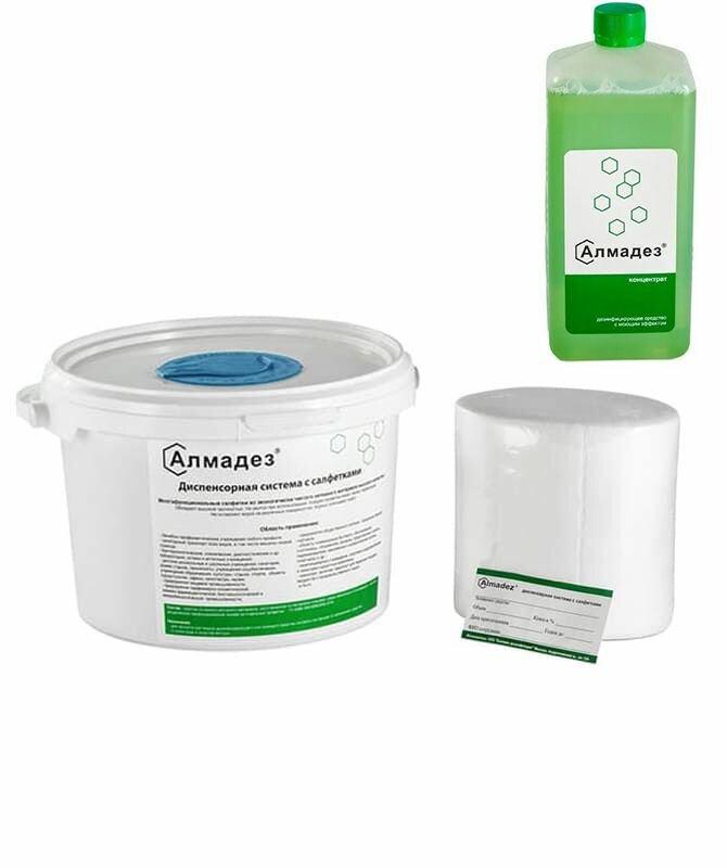 Комплект Алмадез: концентрат 1 л + диспенсер и салфетки 3л, 200 шт
