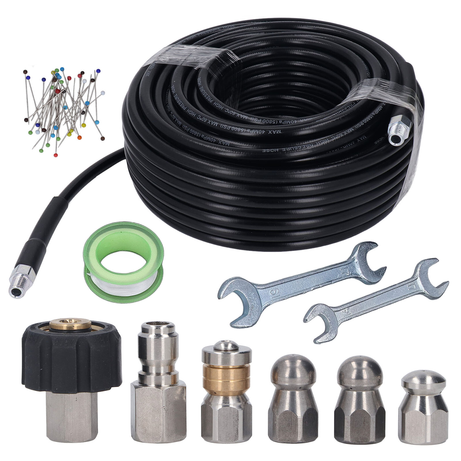 Pressure Washer Sewer Jetter Kit 100ft Drain Cleaner Hose 5800PSI 1/4 Inch NPT with 2 Wrench