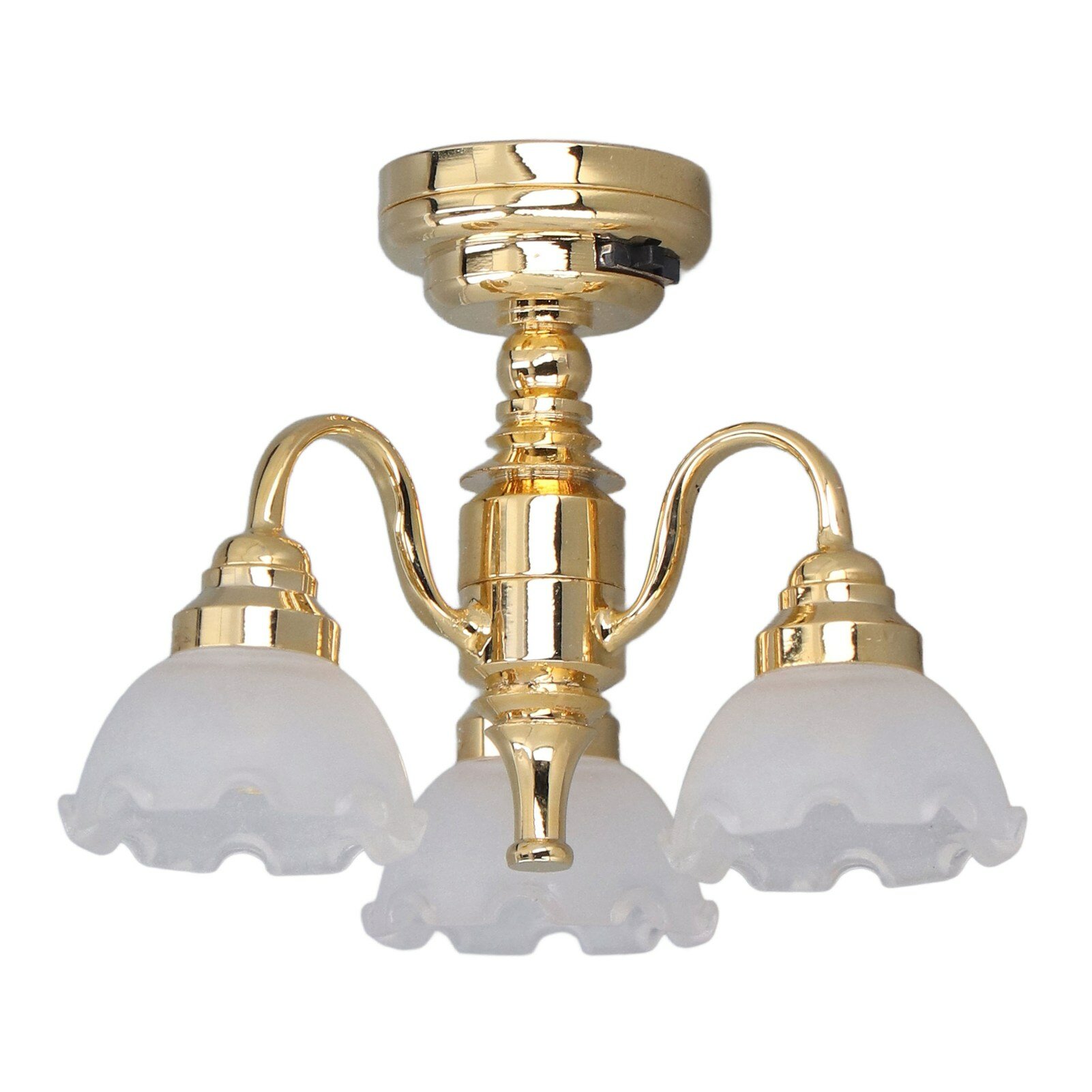 Потолочный светильник для кукольного домика, 3 плафона, питание от батареек, металлический, стеклянный, миниатюрная люстра для кукольного домика, масштаб 1:12.