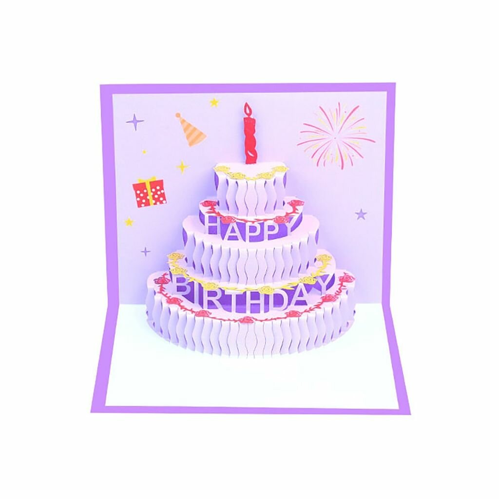 Приглашение,3D открытка с тортом на день рождения - Фиолетовая обложка, 1 комплект