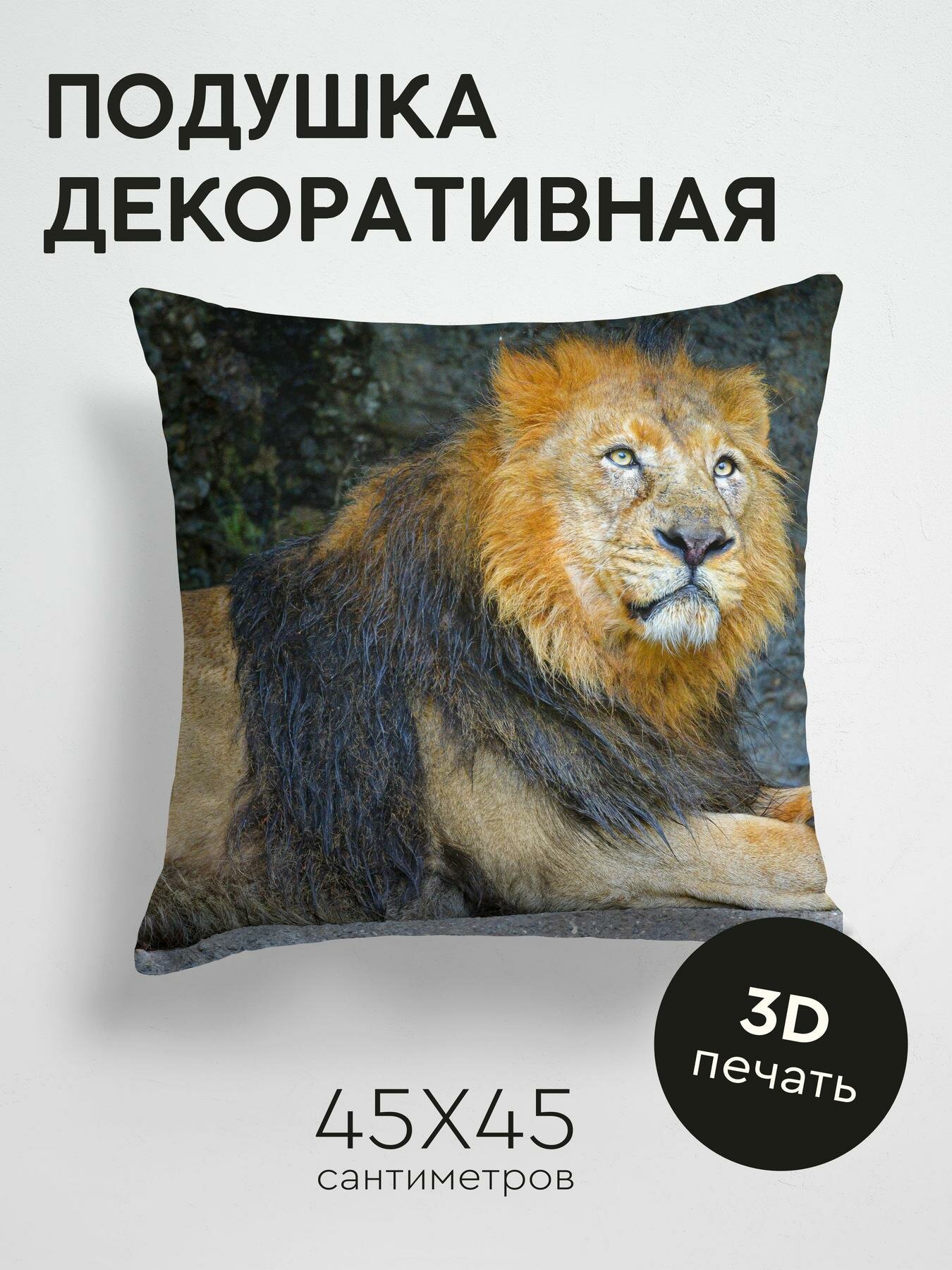 Подушка декоративная, 45x45см / Животные / лев / хищник / животное / царь зверей / дикая природа