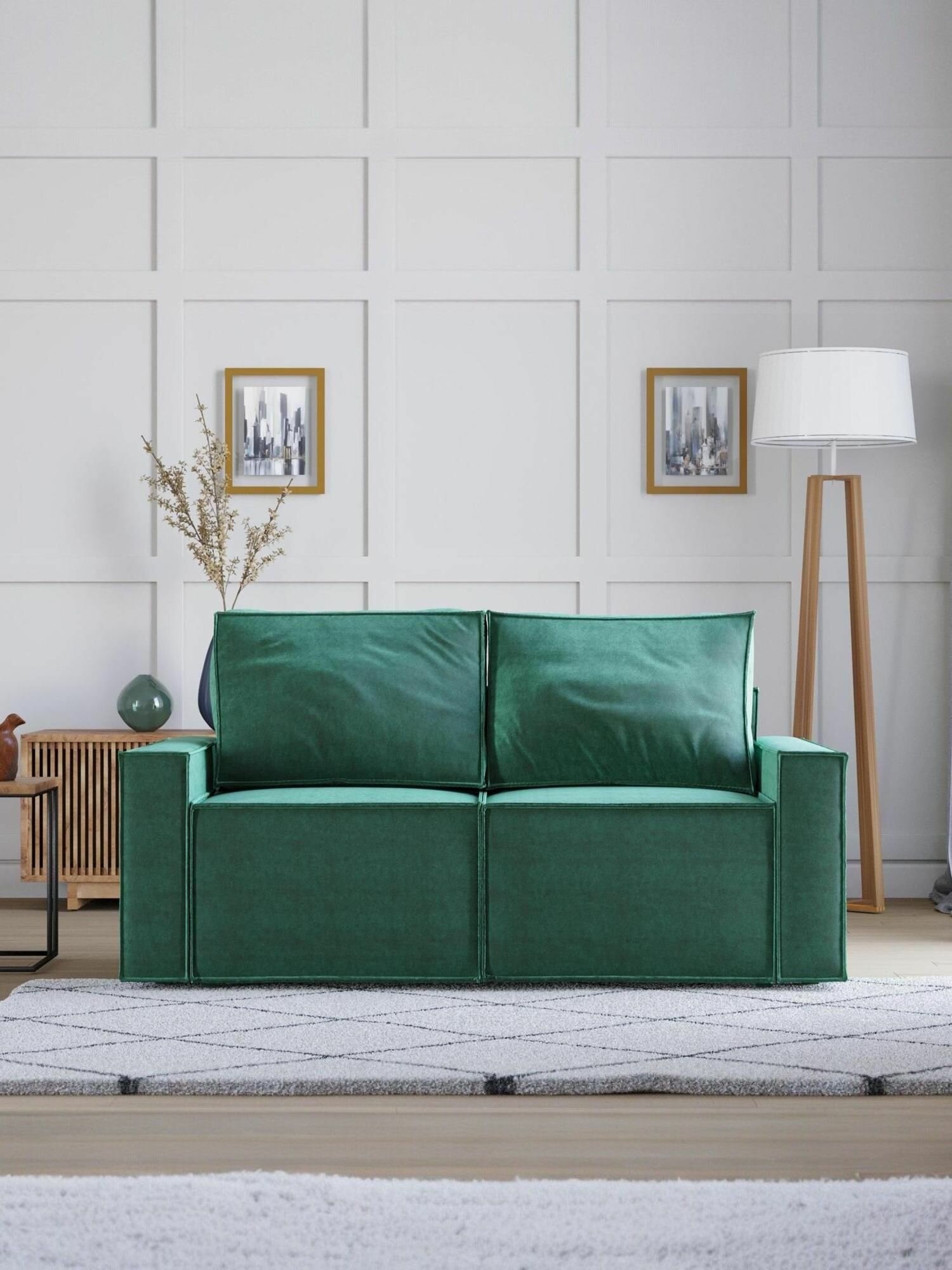Прямой диван Manons Maison MINI, раскладной механизм Еврокнижка, Велюр Зеленый, 170х102х95 см