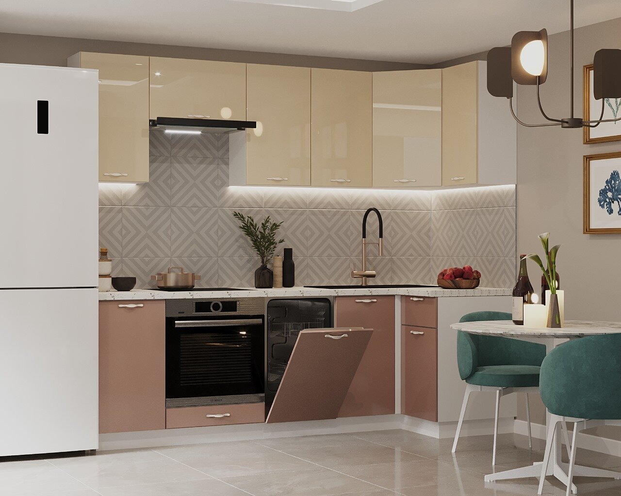 Кухонный угловой гарнитур Софт ваниль/кофе с молоком глянец, 2450х1000 мм