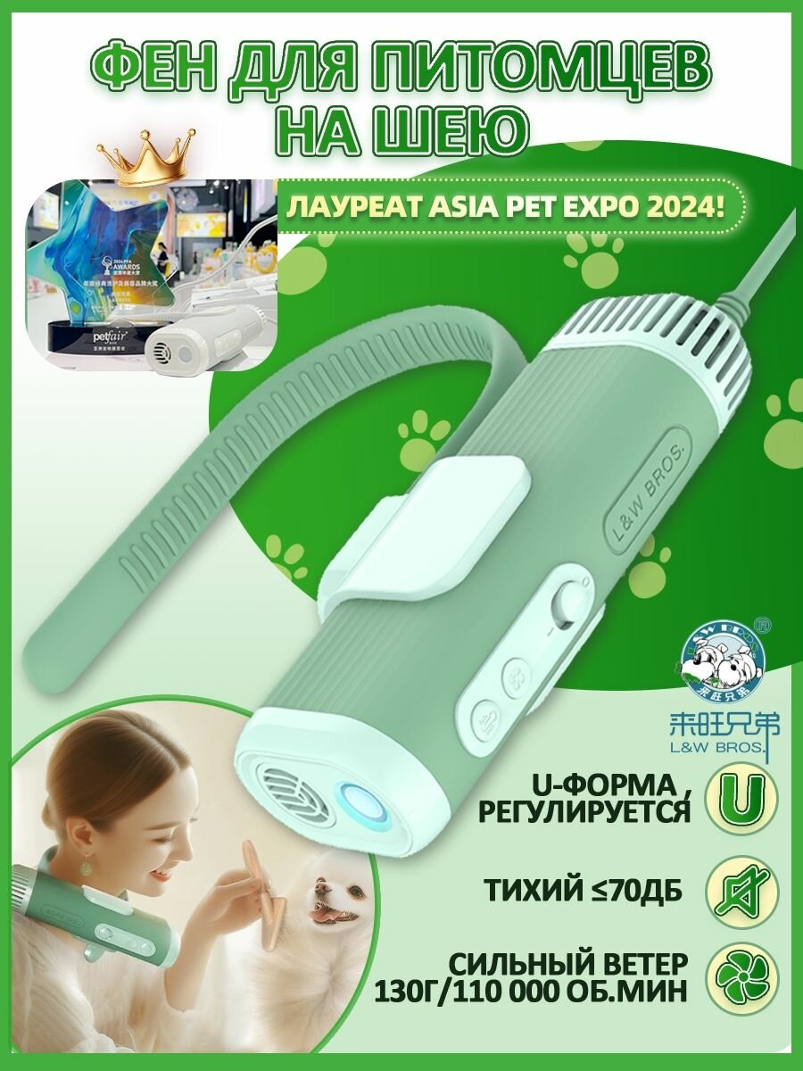 Фен для собак-носить на шее портативный, мощный поток воздуха 130 г, для дома: быстро сушит шерсть собак и кошек, бесшумный, 15 режимов, 950 Вт, L&W BROS. PD-8808 2025