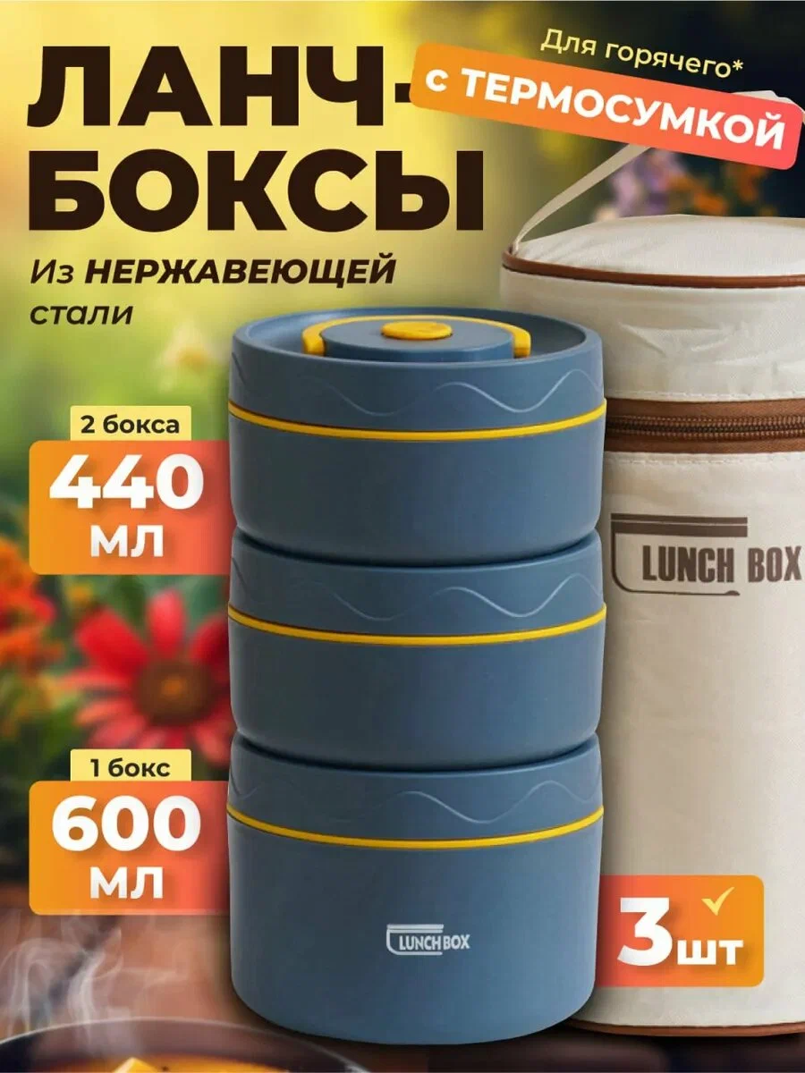 Ланч-бокс, нержавеющая сталь и пластик, герметичный, круглый