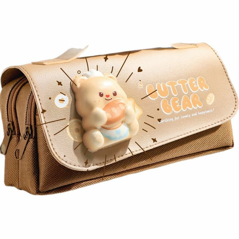 Милый и креативный пенал Butter Bear Squeeze, водонепроницаемый чехол для ручек из искусственной кожи, вместительный органайзер для канцелярских принадлежностей для детей и студентов, дизайн с героями мультфильмов, прочный и весёлый