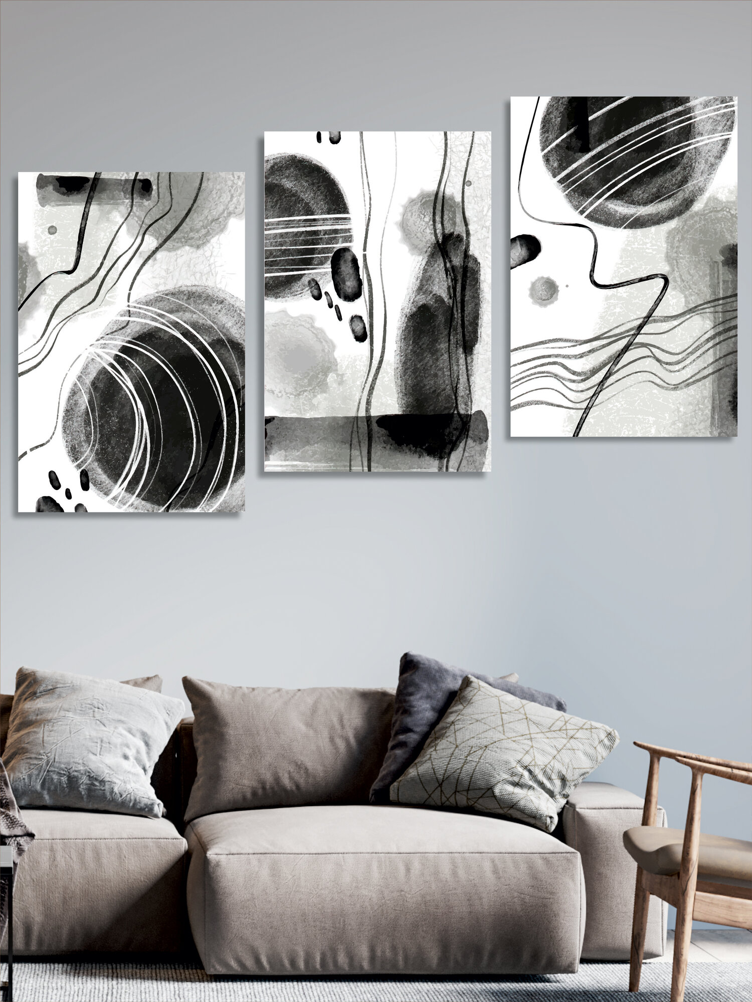 Модульная картина для интерьера на стену, Черно-белая абстракция , 50х75 см - 3шт холст на подрамнике