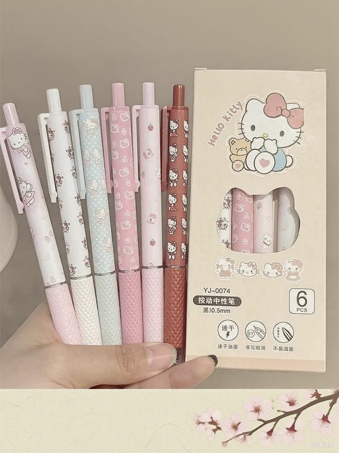 Набор черных ручек Hello Kitty, 6 штук, канцелярские принадлежности, стилизованные под героя, для школы и дома