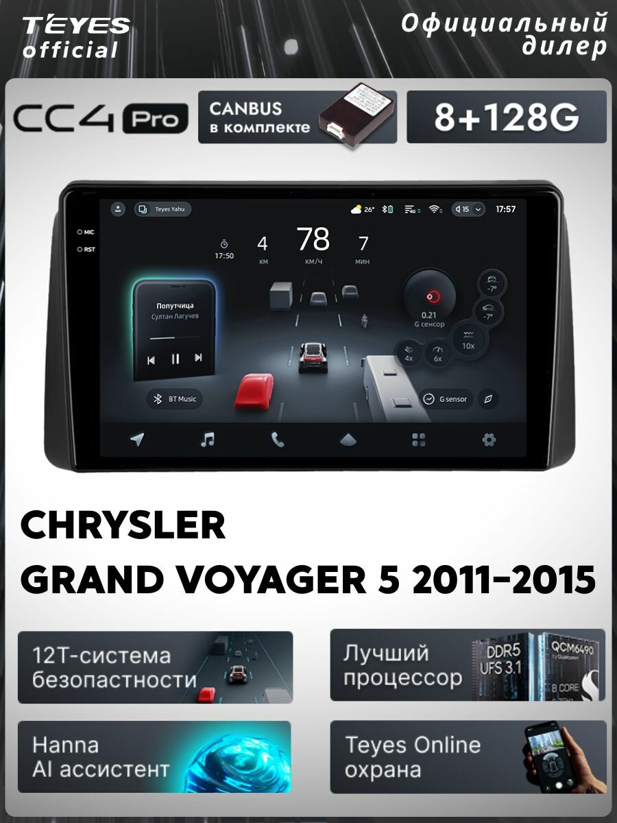 Магнитола Chrysler Grand Voyager 5 2011-2015 Teyes CC4 Pro 8/128GB, штатная магнитола, 8-ми ядерный процессор, QLED экран, 2 DSP, 4G, Wi-Fi, 2 DIN