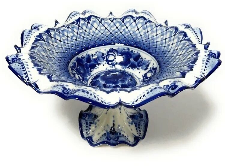 Фруктовница "Волнистая ажурная" D 26 см гжель фарфор ручная работа сделано в России
