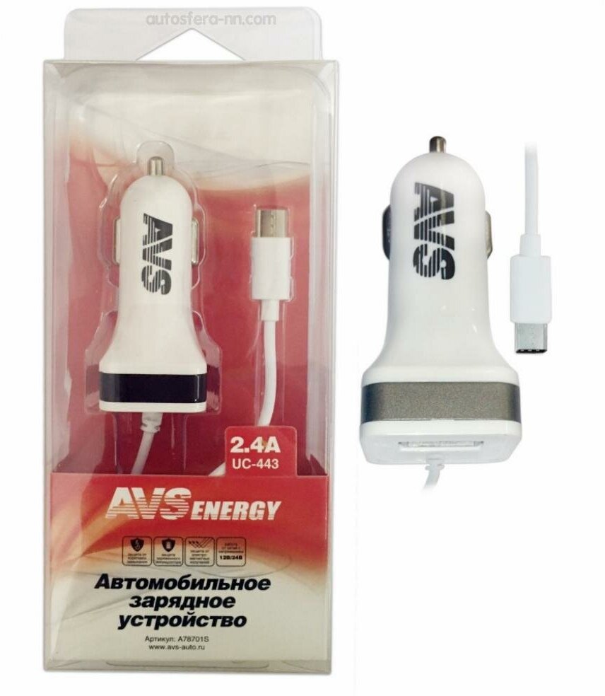 AVS A78701S USB автомобильное зарядное устройство AVS 1 порт+ Type C UC-443 (2,4А)