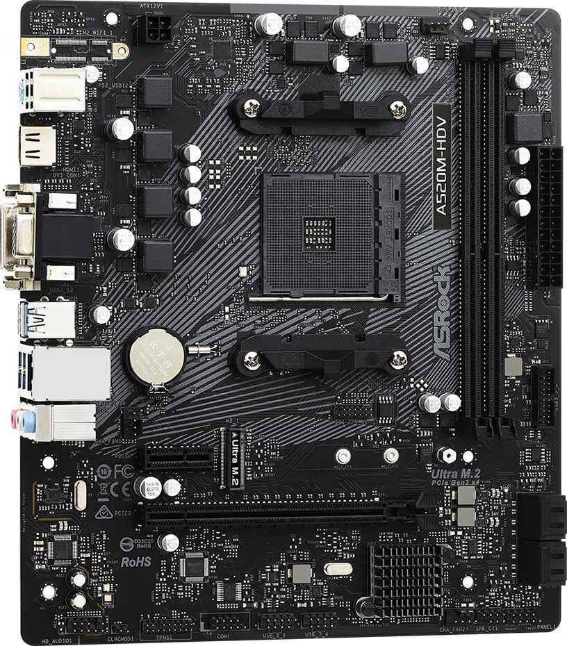 Материнская плата Asrock A520M-HDV Soc-AM4 AMD A520 2xDDR4 mATX AC`97 8ch(7.1) GbLAN RAID+VGA+DVI+HD