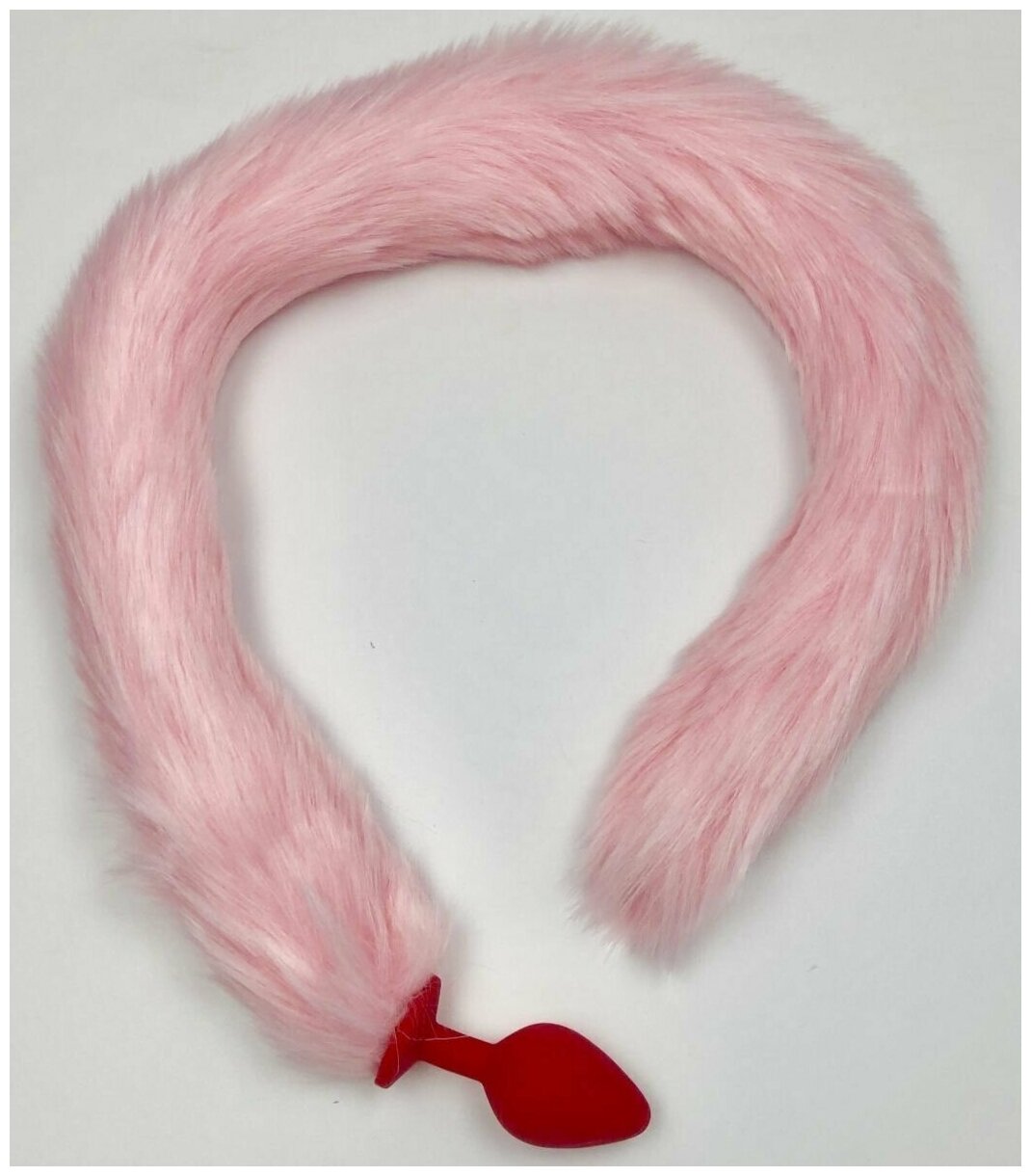 Красная силиконовая анальная пробка с розовым хвостиком - размер S