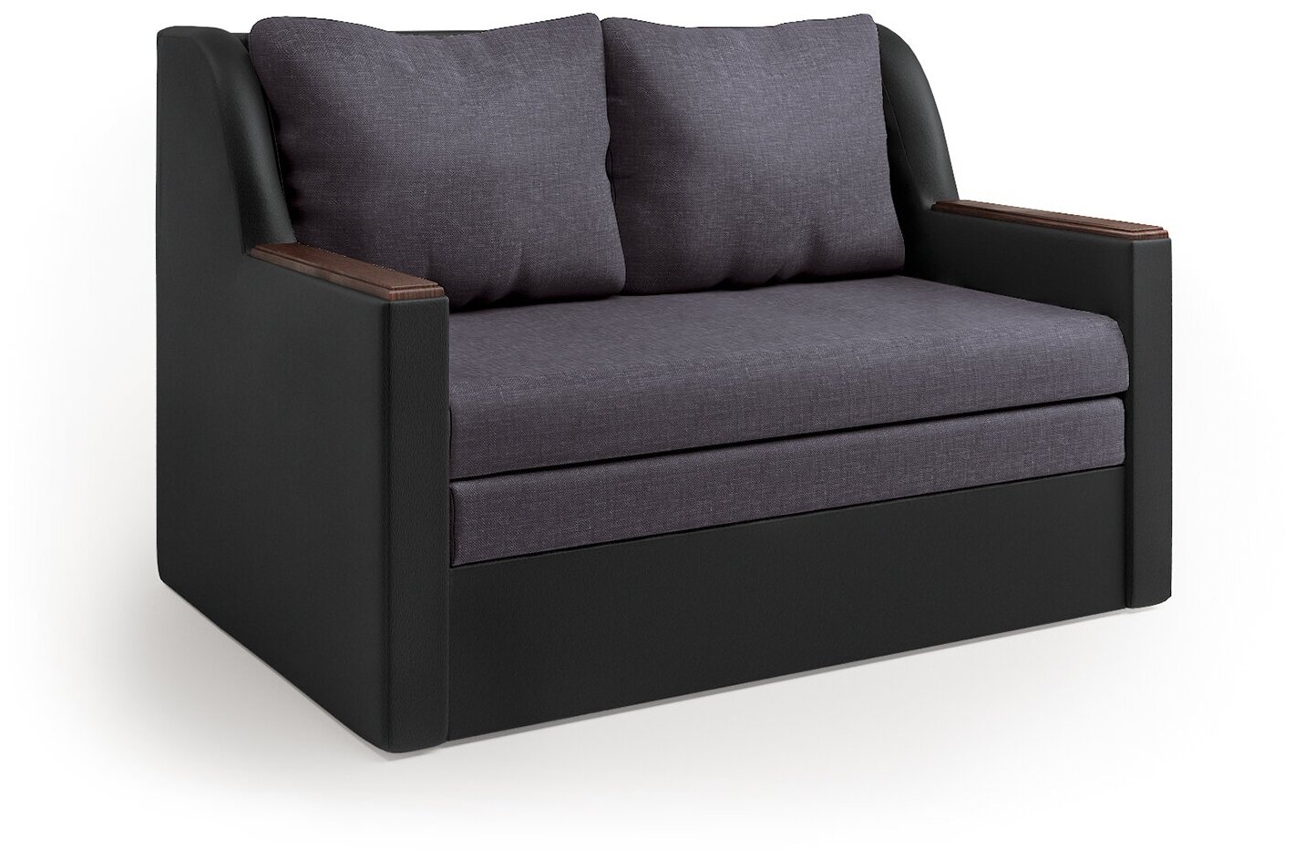 Диван-кровать Дуэт, прямой, раскладной, с ящиком для белья, экокожа черный и серая рогожка