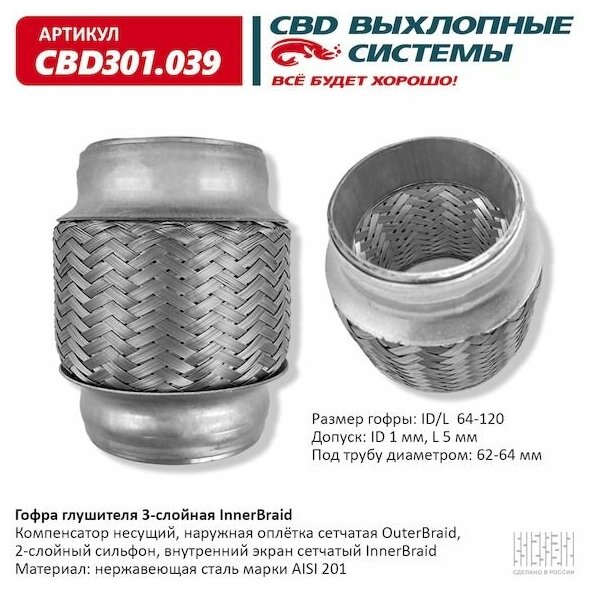Гофра глушителя 64 x 120 3х-слойная Innerbraid
