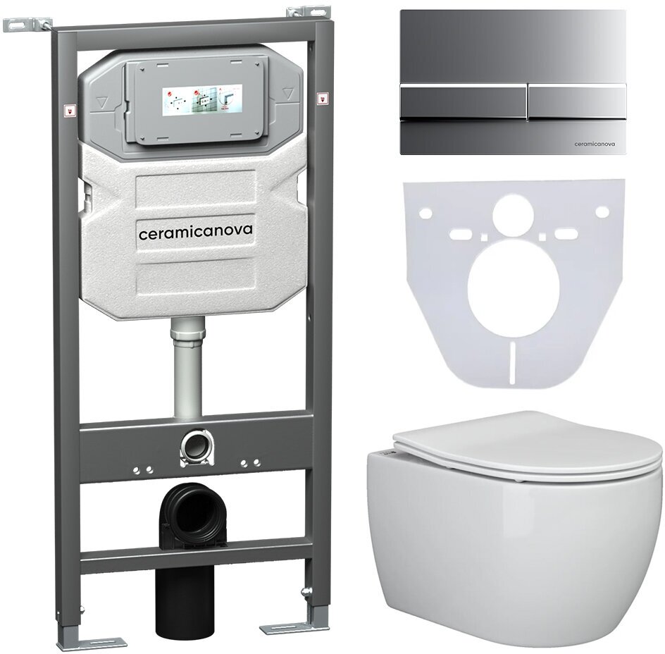 Комплект 4в1 Унитаз подвесной с сиденьем Ceramicanova CN3001_1002M_1000 белый + Система инсталляции + кнопка