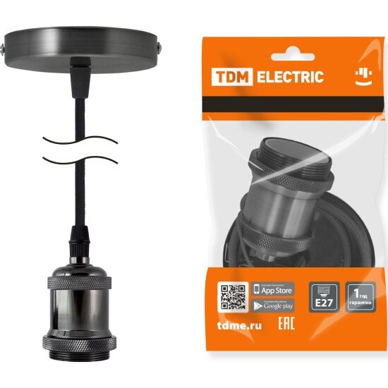 Патрон Tdm Electric Е27 с подвесом 1 м, металлический "Лофт", черный, SQ0335-0070