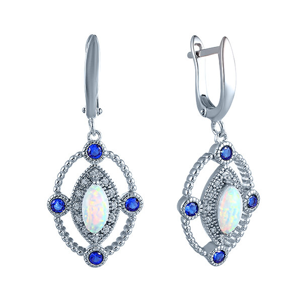 Серьги, серебро, 925 проба, фианит, опал синтетический